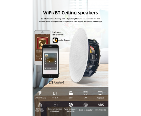 Smartaudio CS-2 Stereo потолочная встраиваемая WiFi+Airplay 2+Bluetooth ...
